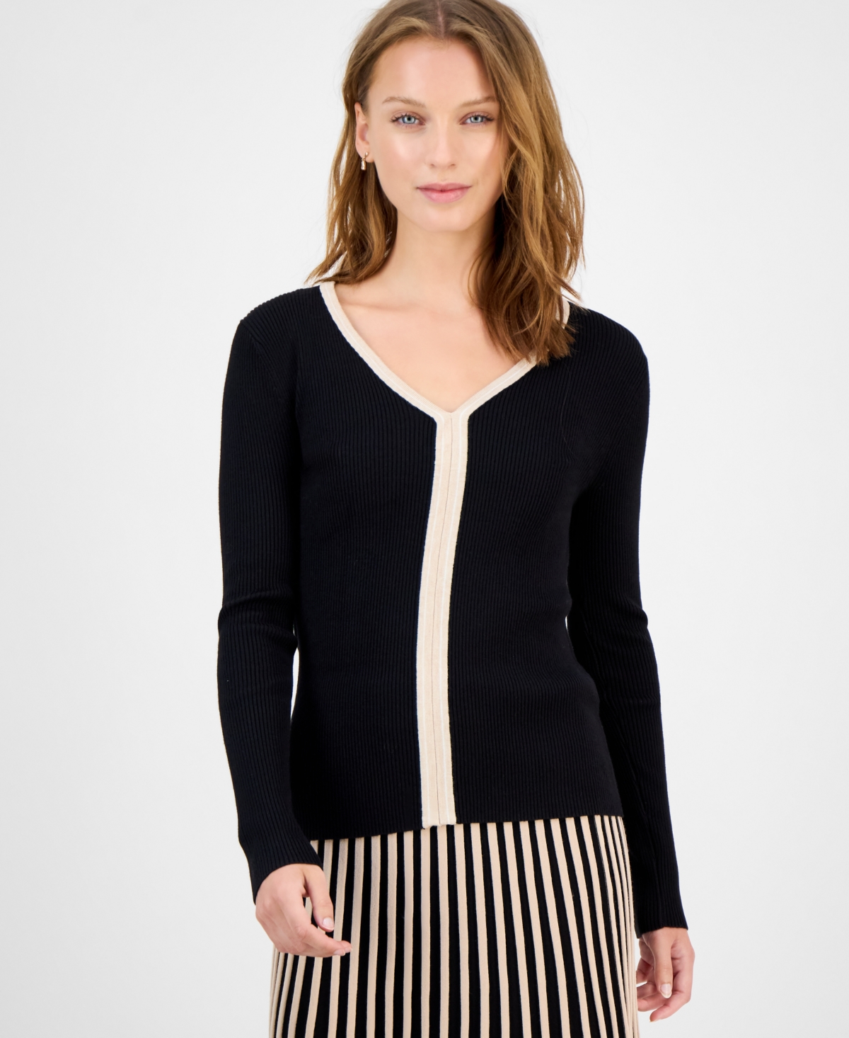 Click here for T Tahari Womens Contrast-Trim Knit Top - Black Com... prices