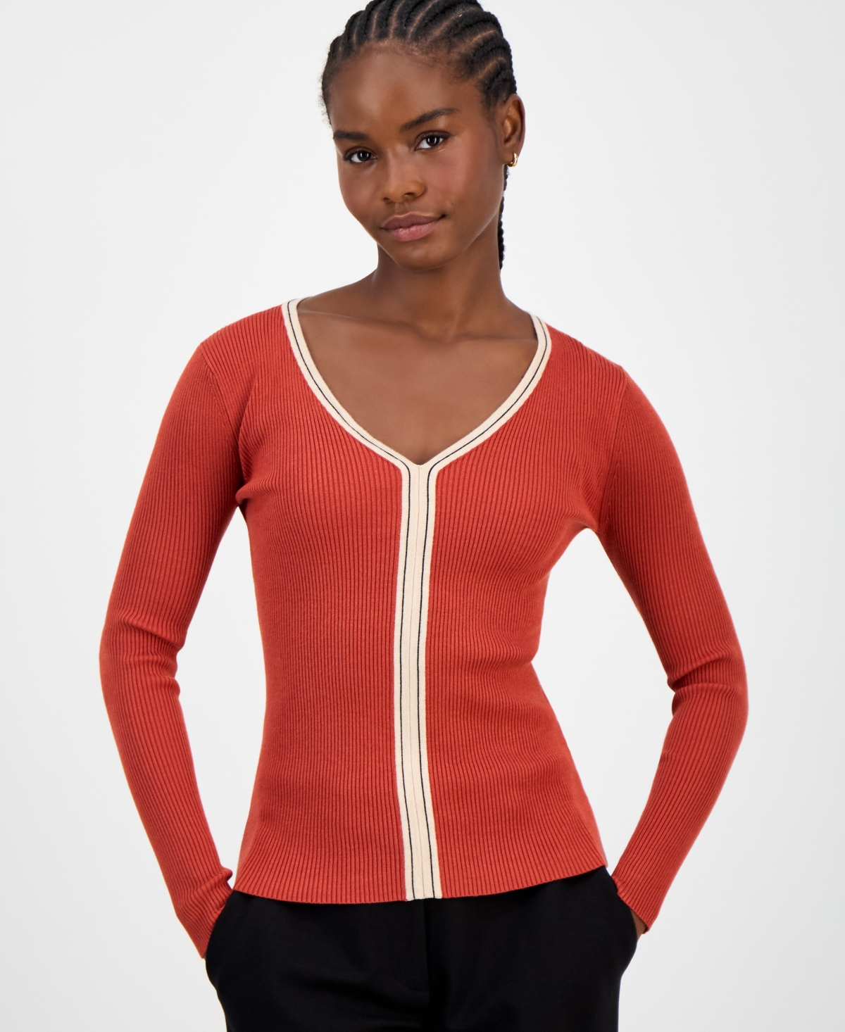Click here for T Tahari Womens Contrast-Trim Knit Top - Canyon Ro... prices