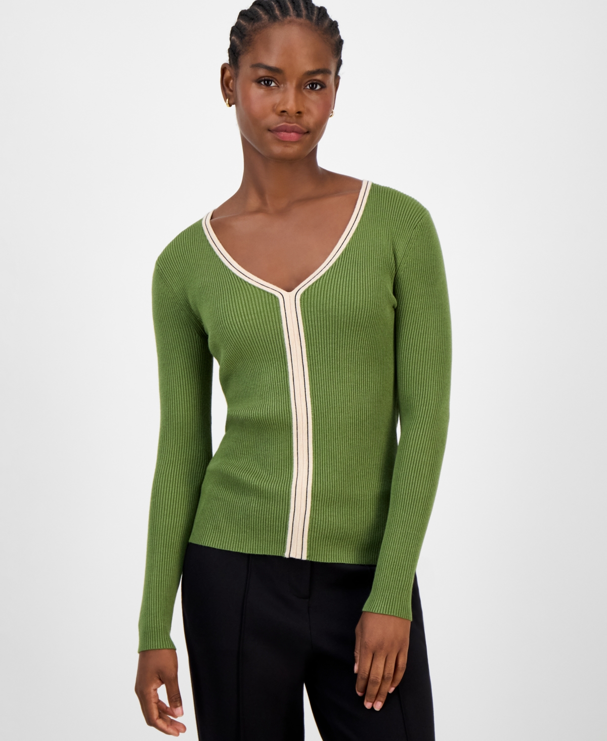 Click here for T Tahari Womens Contrast-Trim Knit Top - Forest Mo... prices