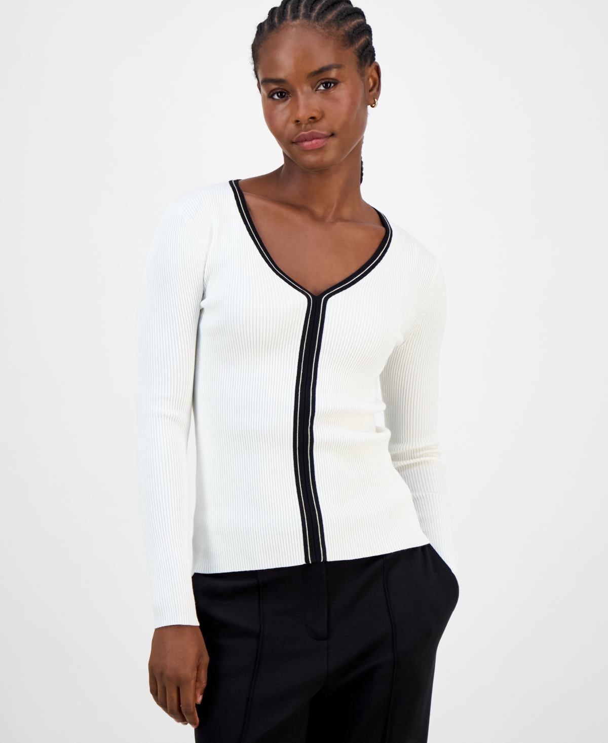 Click here for T Tahari Womens Contrast-Trim Knit Top - White Sta... prices