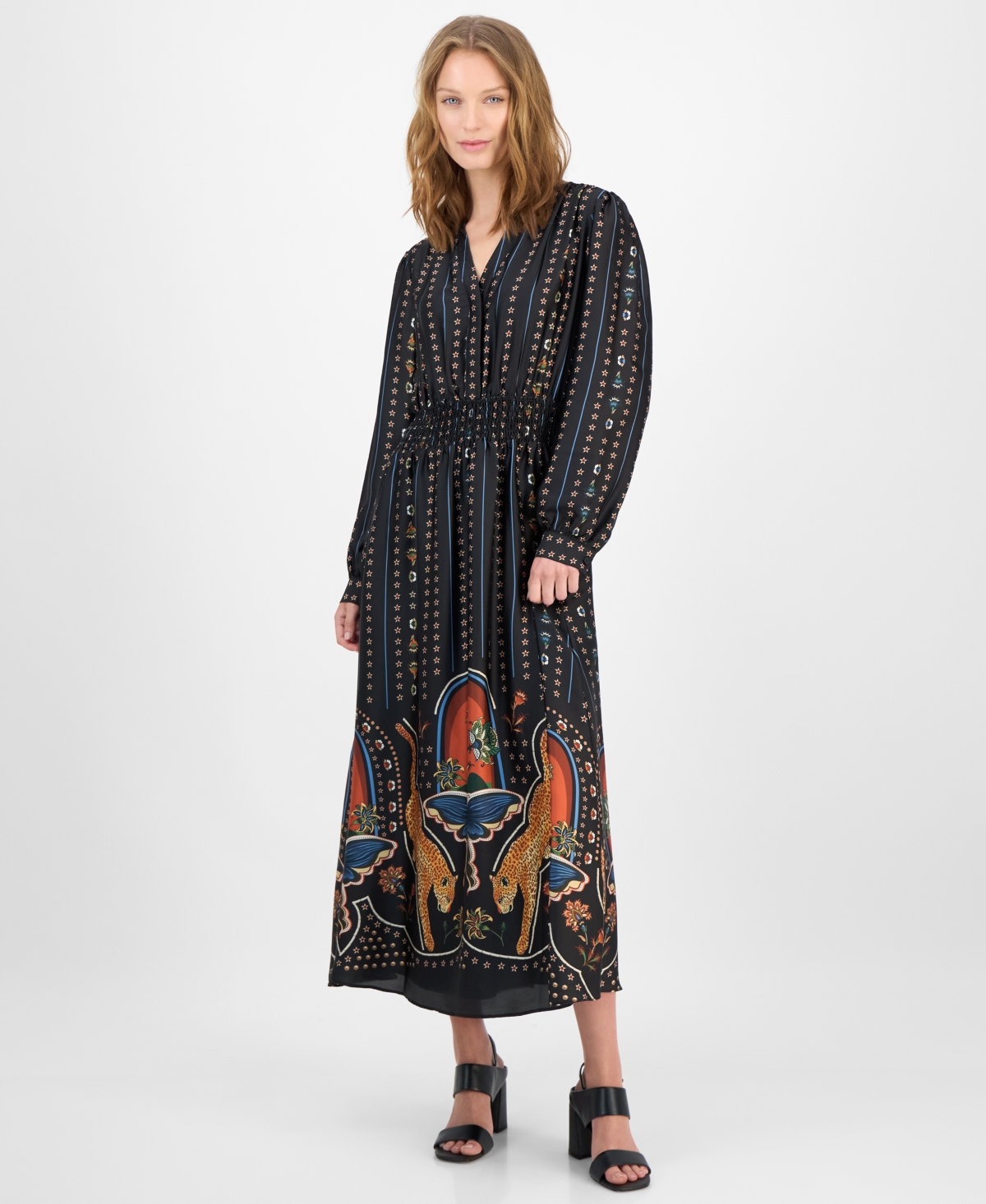 Click here for T Tahari Womens Printed Smocked Midi Dress - Canyo... prices