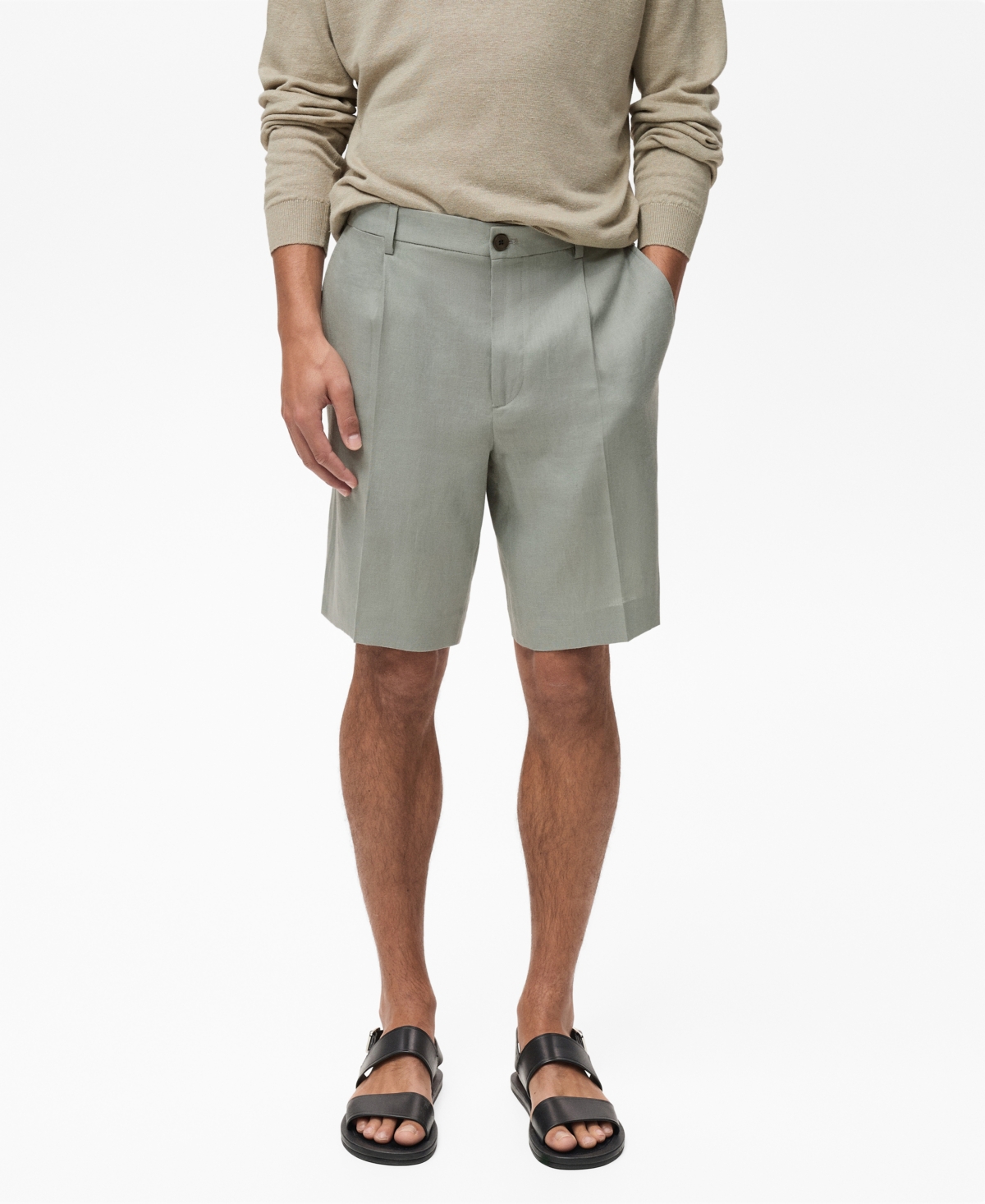 Click here for Mango Mens Linen Pleated Bermuda Shorts - Aqua Gre... prices