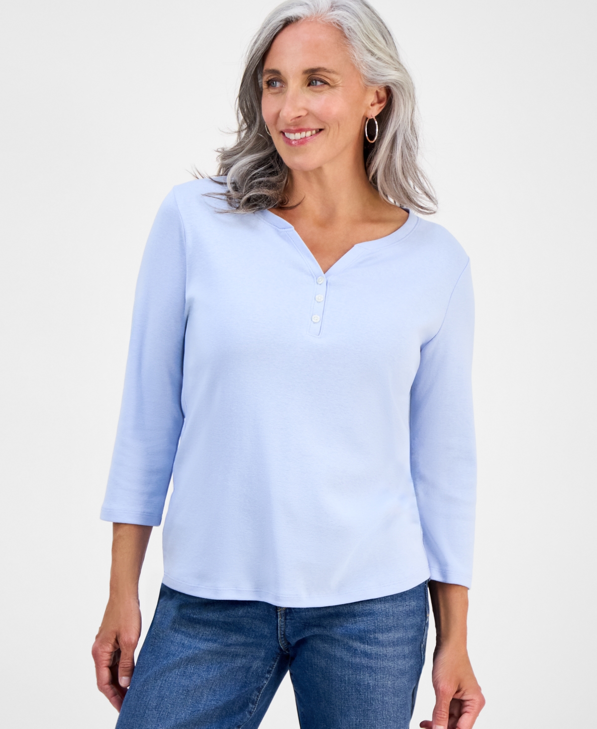 Click here for Style & Co Petite Cotton Knit Henley 3/4-Sleeve To... prices