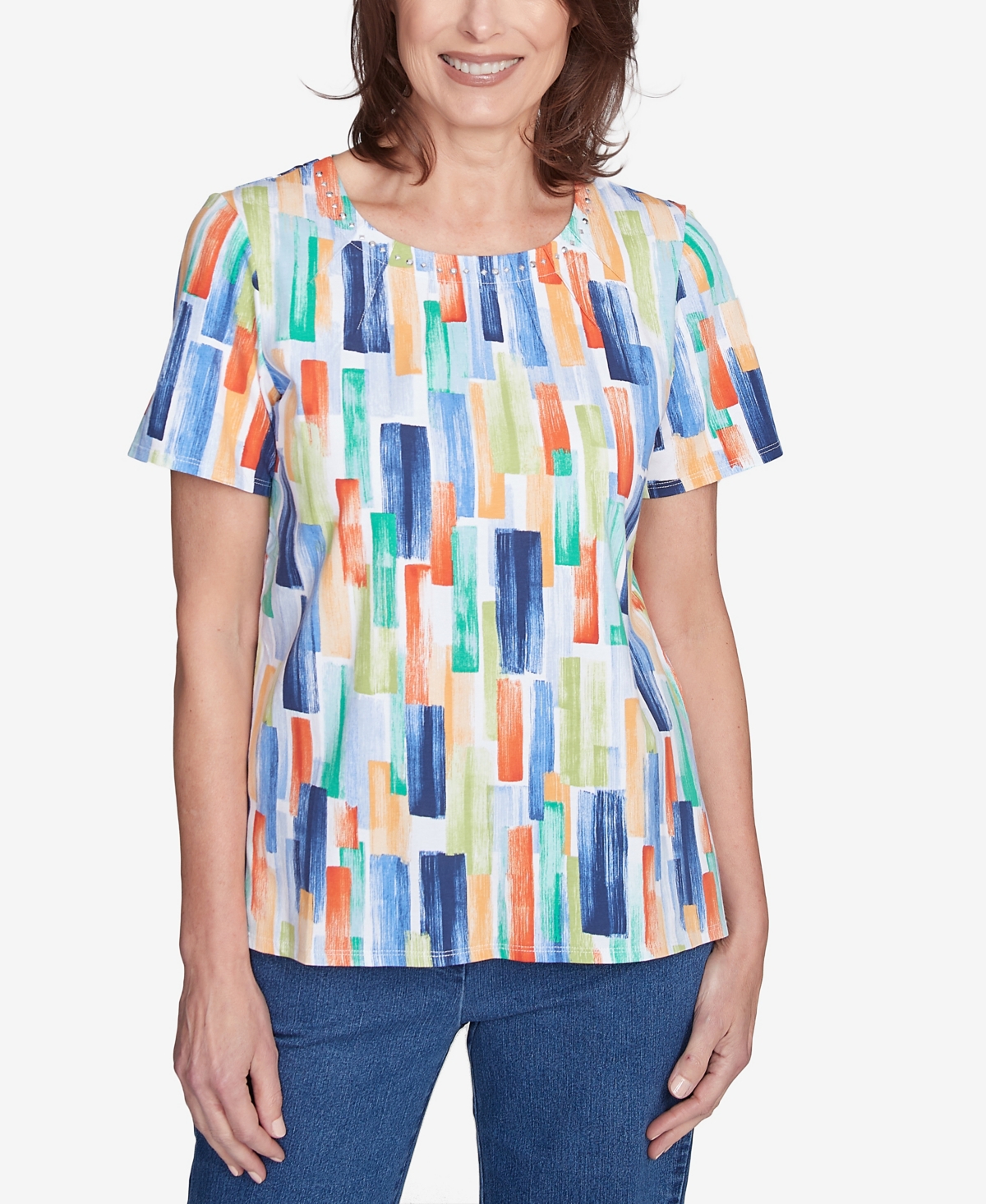 Click here for Alfred Dunner Petite Stained Glass Pleated Crew Ne... prices