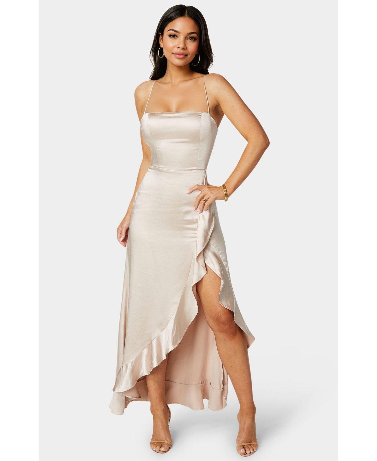 Click here for Bebe Womens Satin Ruffle Maxi Lace Up Back - Shell prices