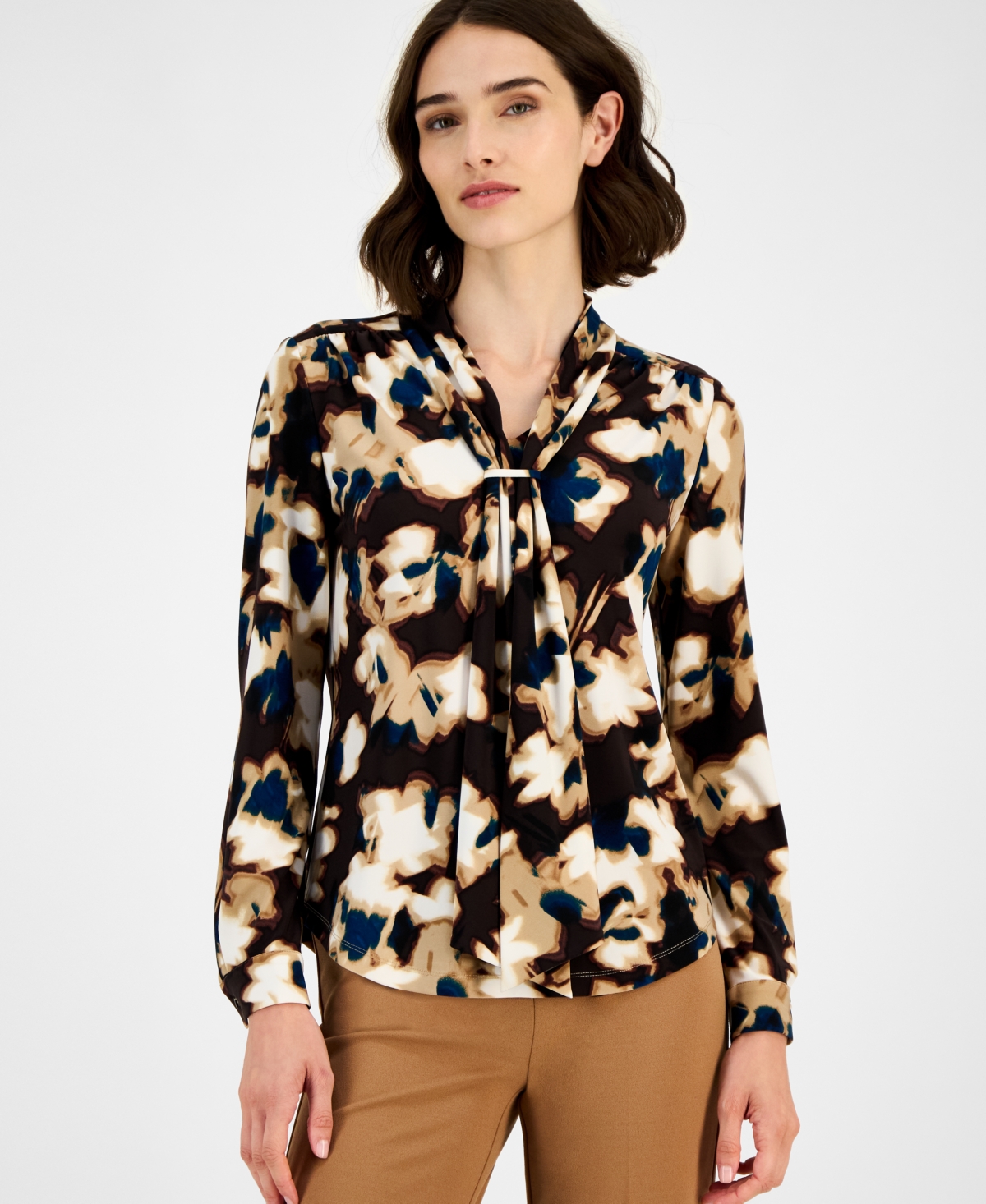 Click here for Anne Klein Womens Scarf-Neck Printed Blouse - Deep... prices