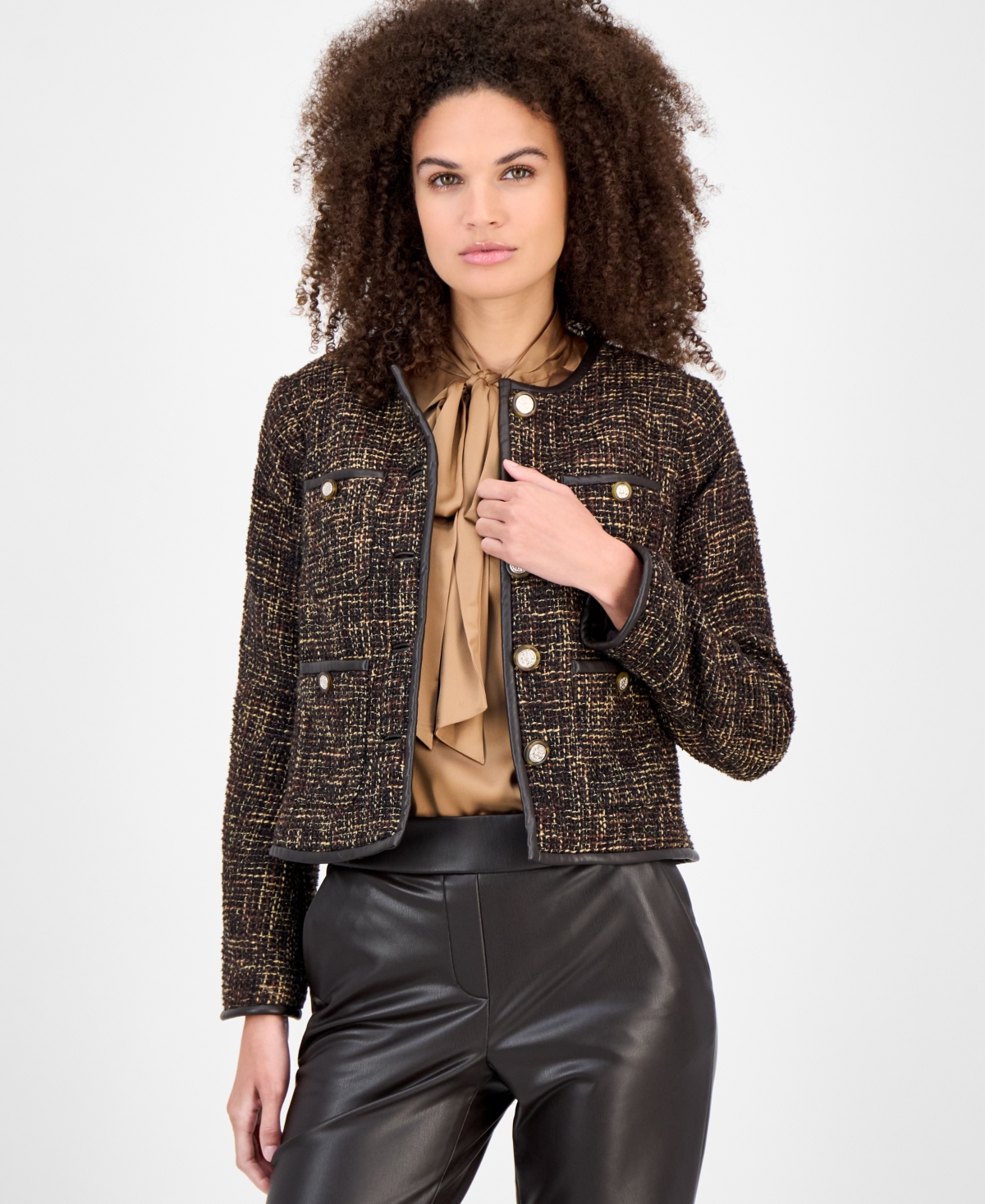 Click here for Anne Klein Petite Collarless Tweed Button-Front Ja... prices