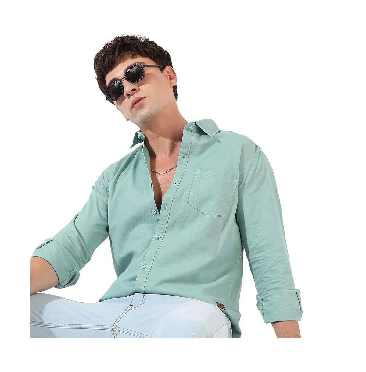 Click here for Campus Sutra Mens Solid Aqua Green Regular Fit Cas... prices