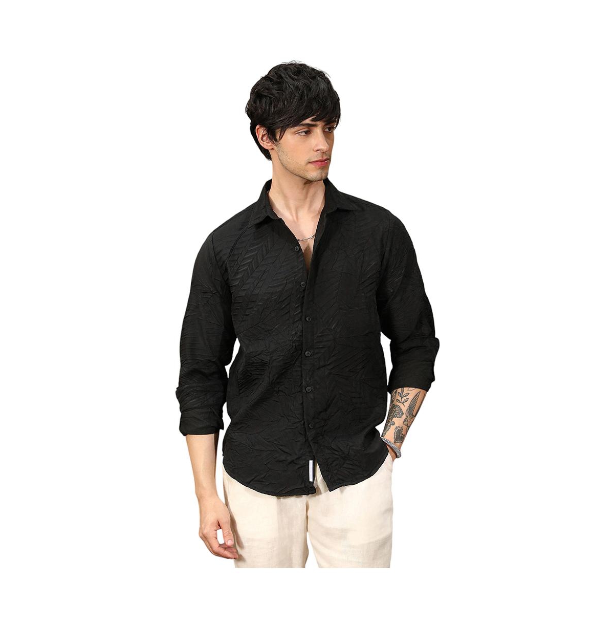 Click here for Campus Sutra Mens Onyx Black Foliage-Tactile Shirt... prices