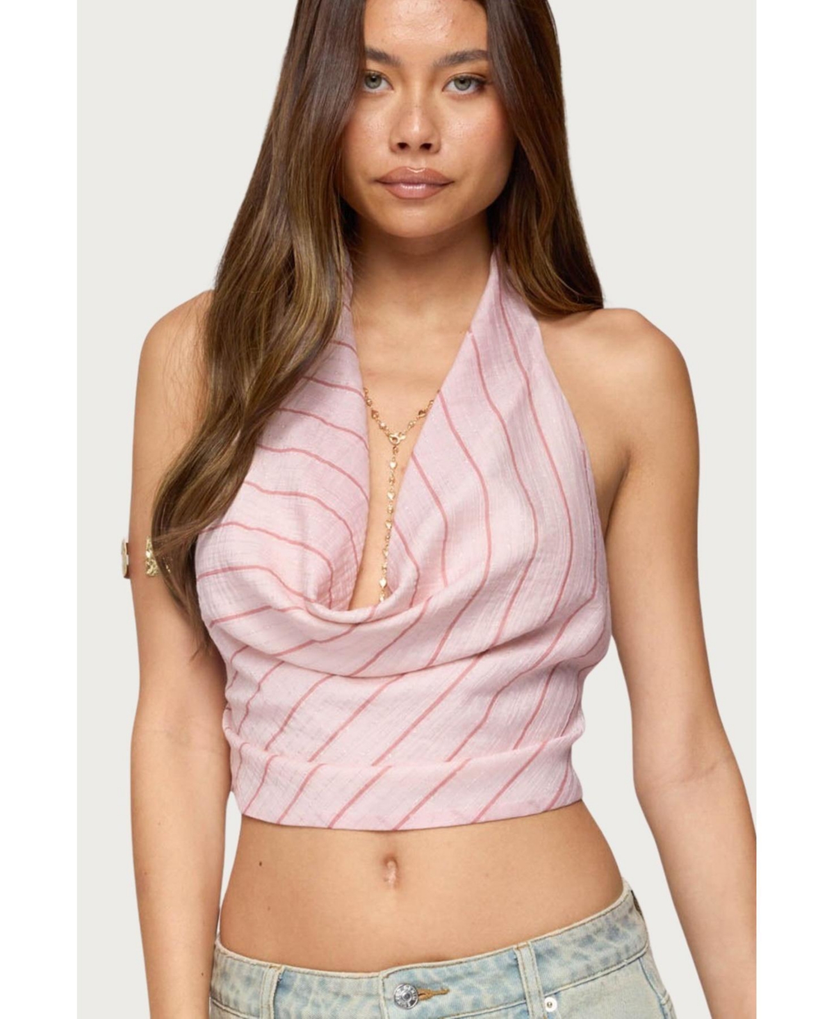 Click here for Edikted Womens Stripey Metallic Cowl Neck Halter T... prices