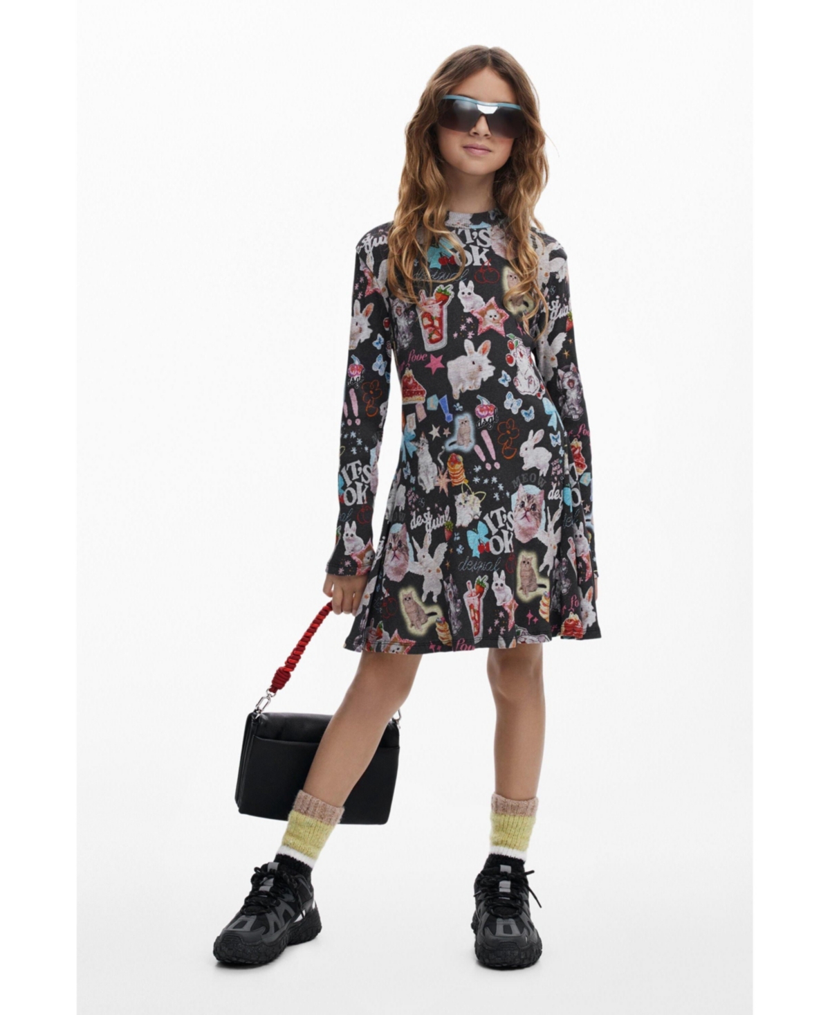 Click here for Desigual Girlss Long sleeve cat skater dress - Dar... prices