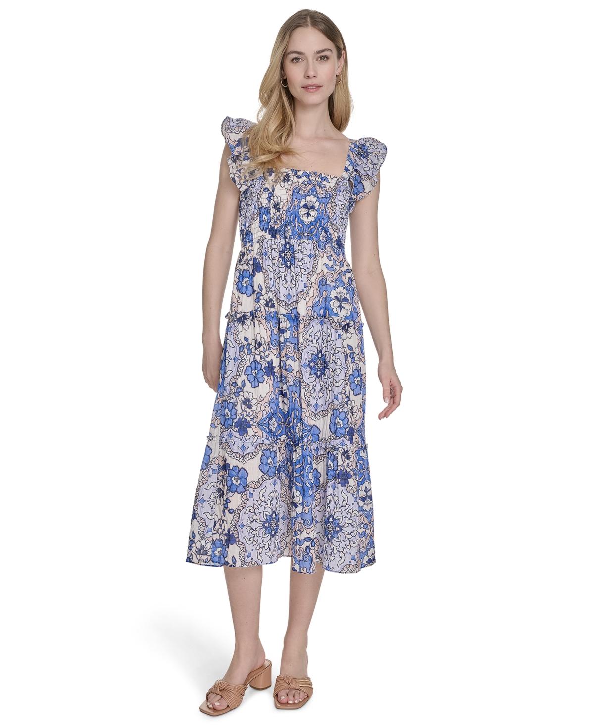 Click here for Vince Camuto Womens Printed Square-Neck Ruffle-Str... prices