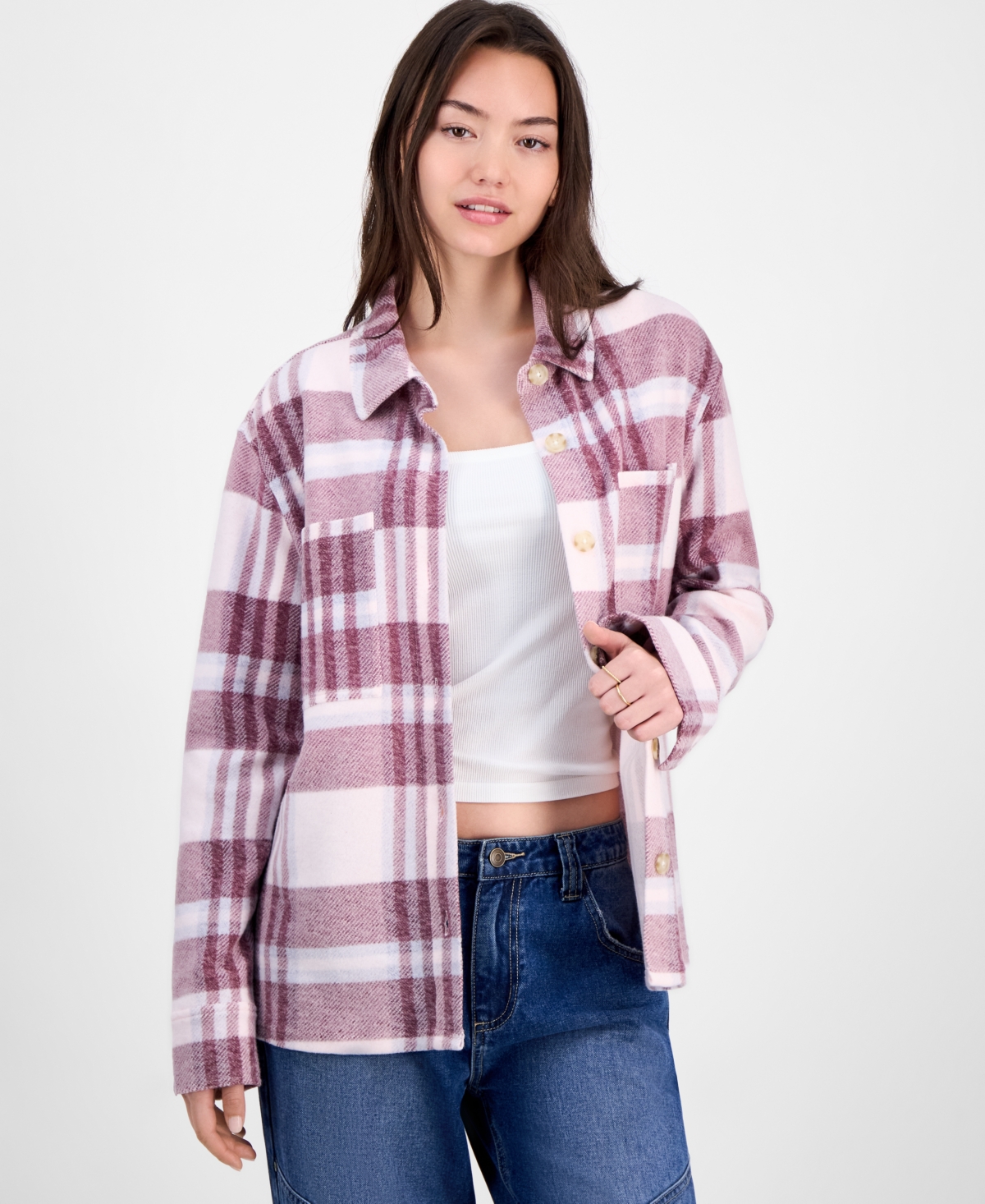 Click here for Just Polly Juniors Plaid Button-Front Shacket - Wh... prices