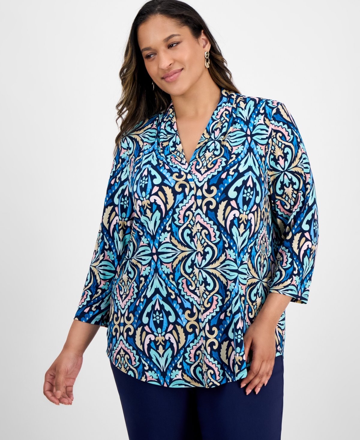 Click here for Jm Collection Plus Size Printed V-Neck Top  Macys... prices