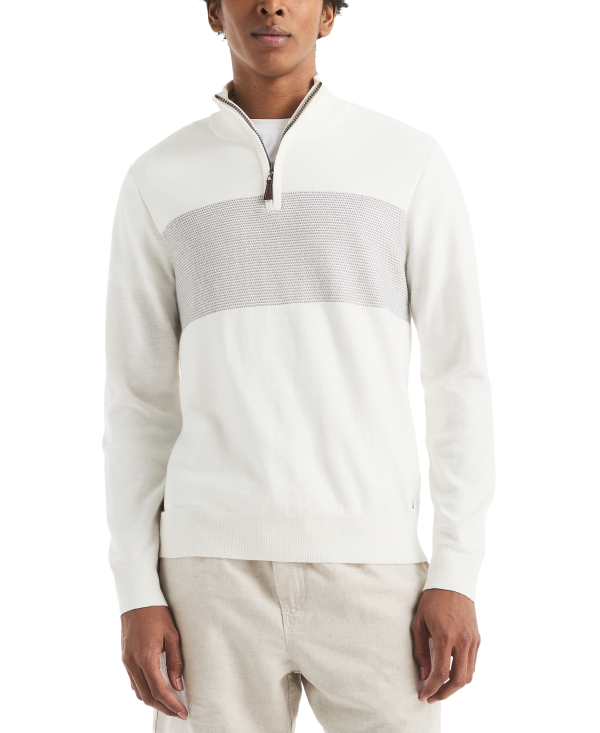 Click here for Nautica Mens Textured Quarter-Zip Colorblocked Swe... prices