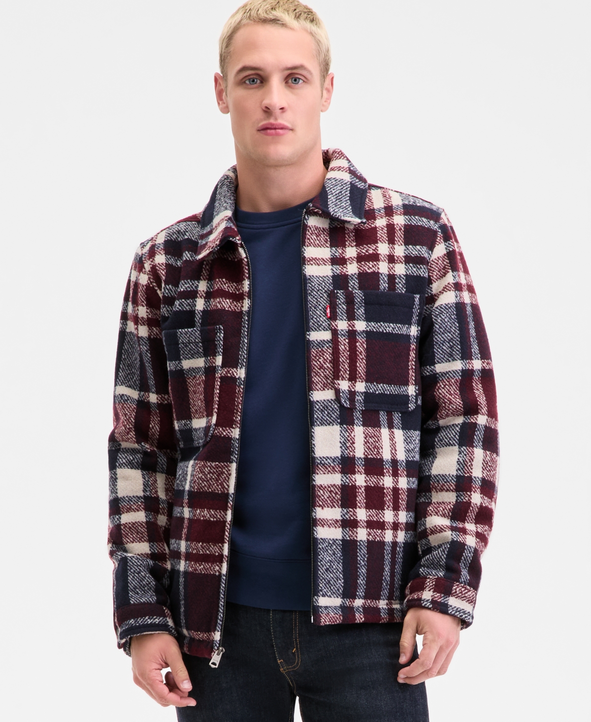 Click here for Levis Mens Plaid Shirt Jacket - Navy/Burgundy Plai... prices