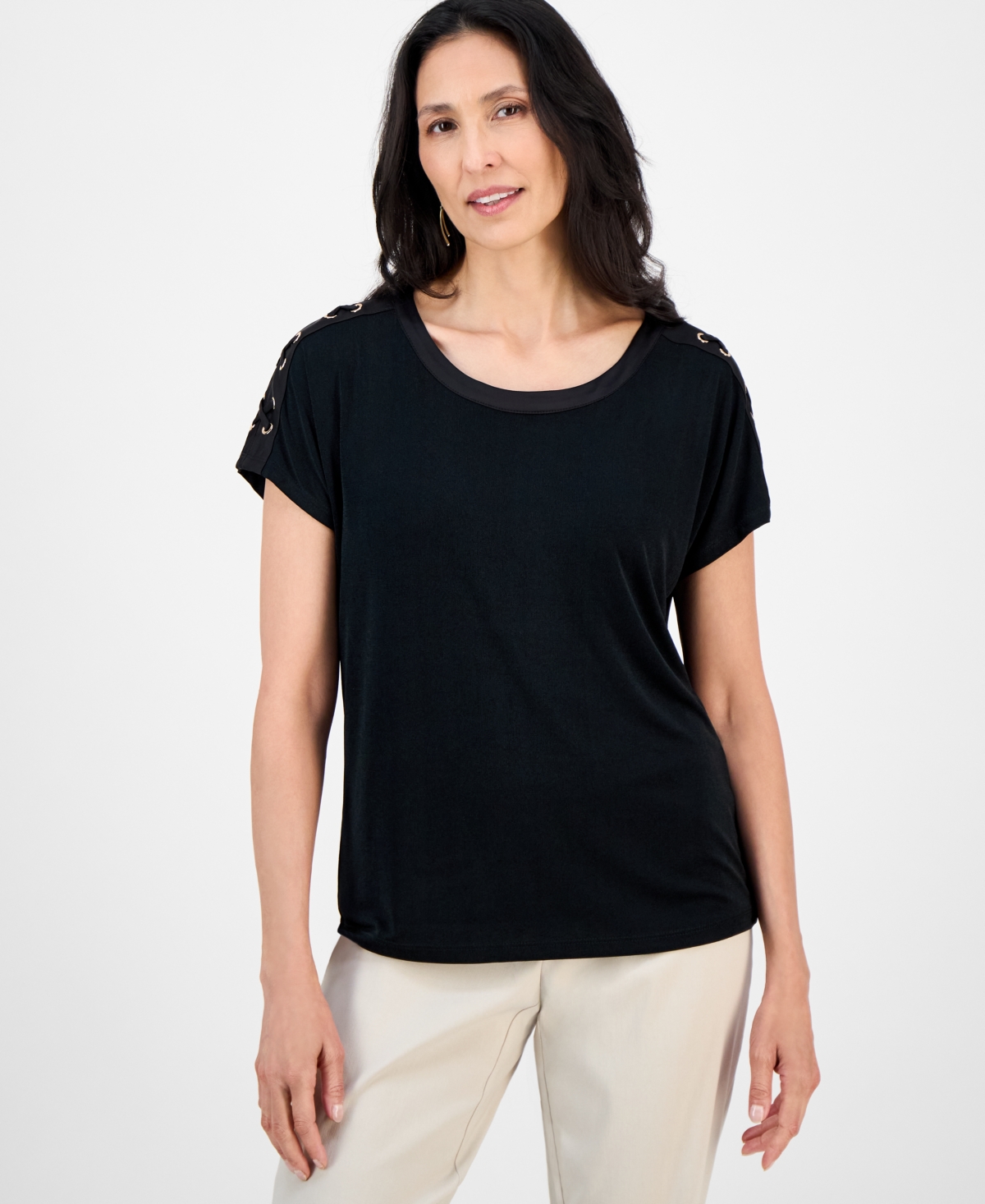 Click here for Jm Collection Womens Lace-Up Shoulder Knit  Exclus... prices