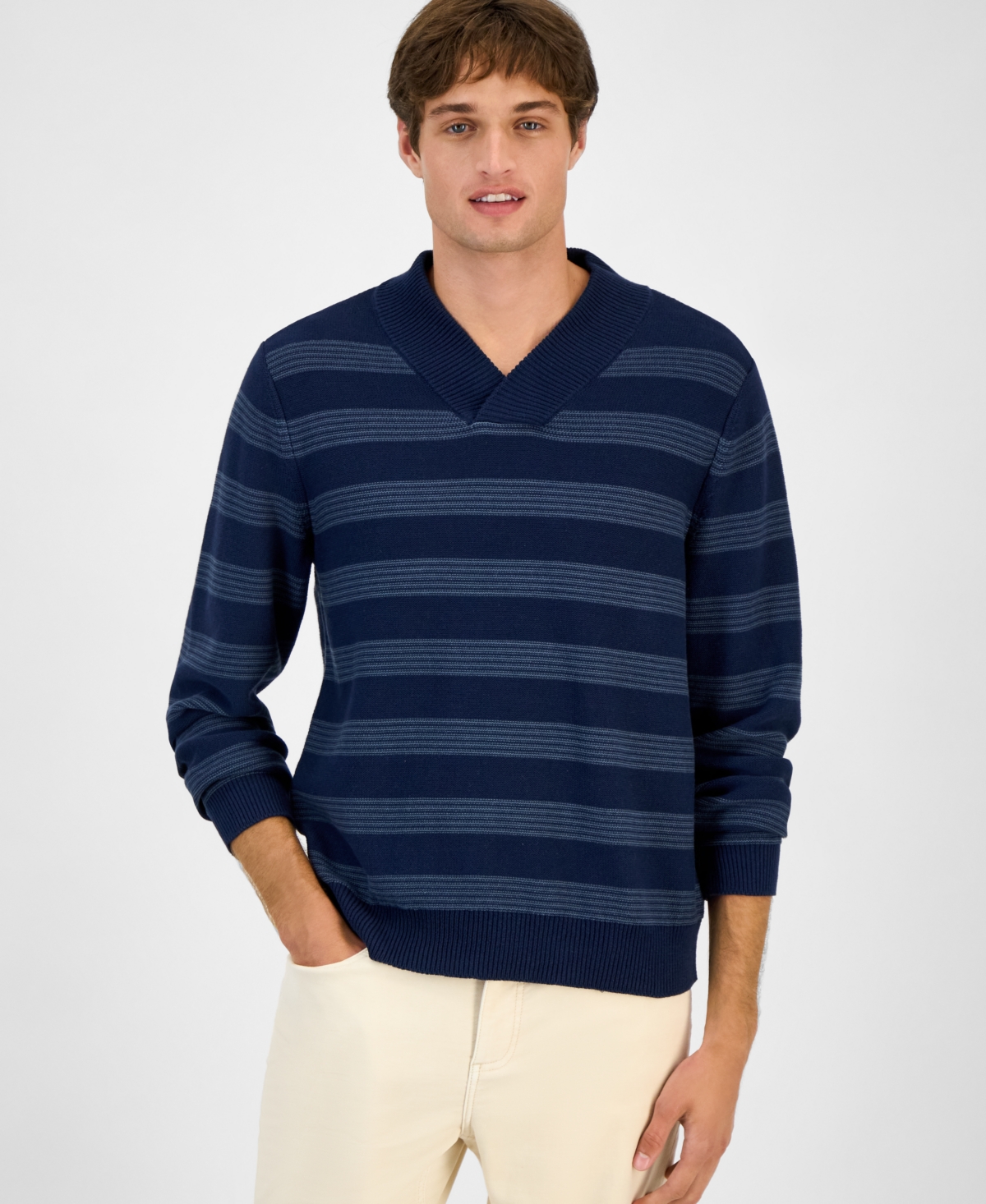 Click here for Sun + Stone Mens Striped Shawl-Collar Sweater  Mac... prices