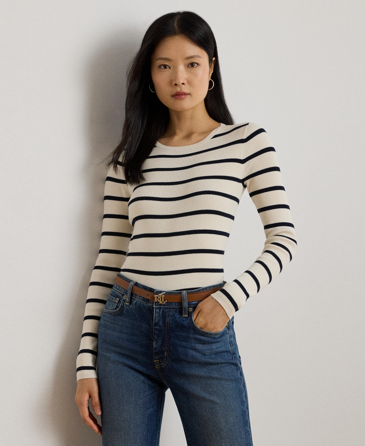 Click here for Lauren Ralph Lauren Womens Striped Rib-Knit Crewne... prices