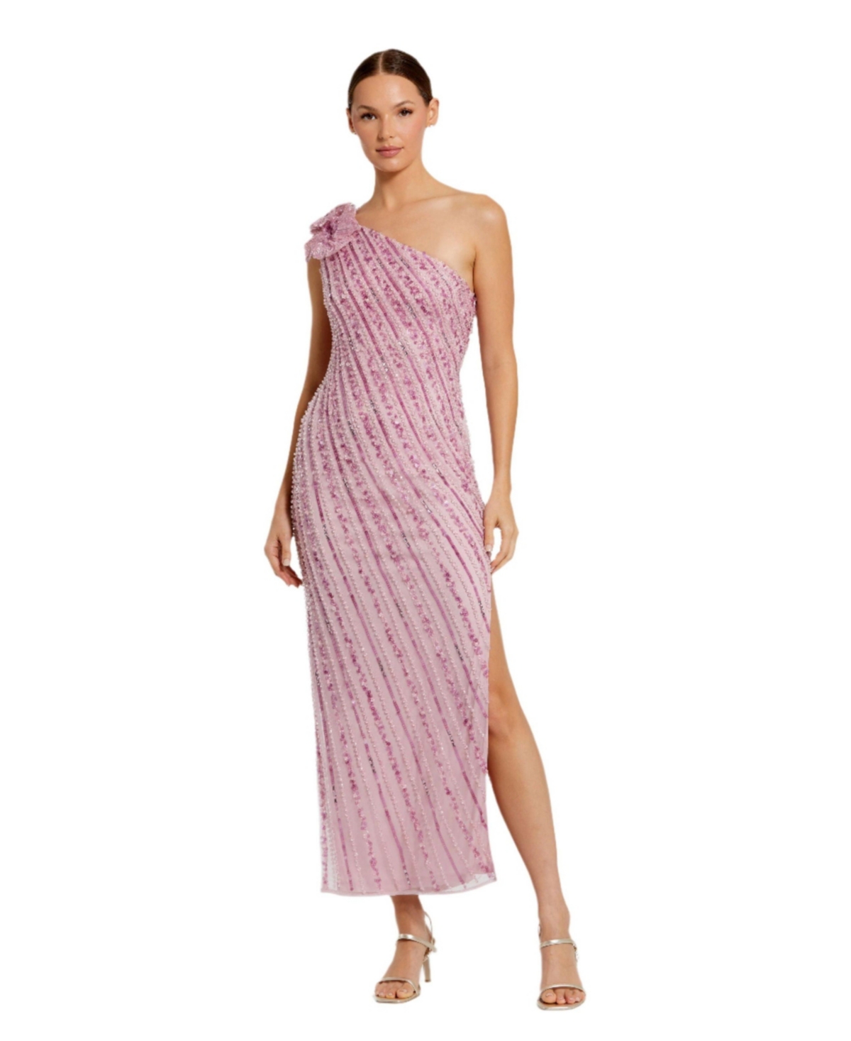 Click here for Mac Duggal Womens One Shoulder Beaded Mesh Gown Wi... prices