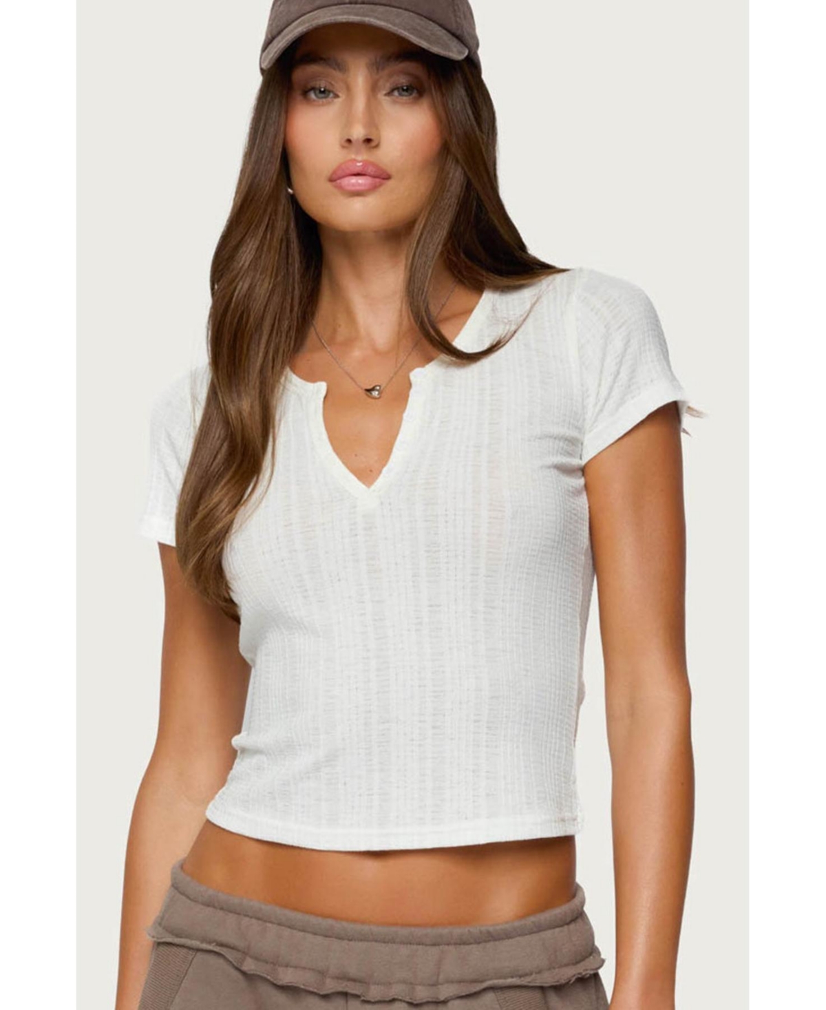 Edikted Semi Sheer Ribbed V Neck T Shirt