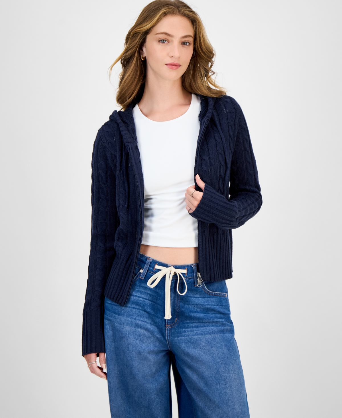 Click here for Hooked Up by Iot Juniors Cable-Knit Zippered Hoodi... prices