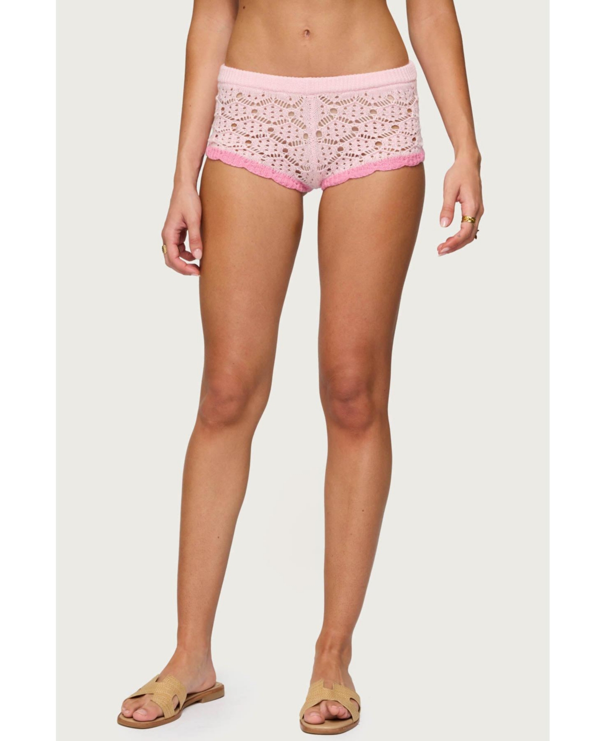 Click here for Edikted Womens Elisa Open Knit Shorts - Light-pink prices