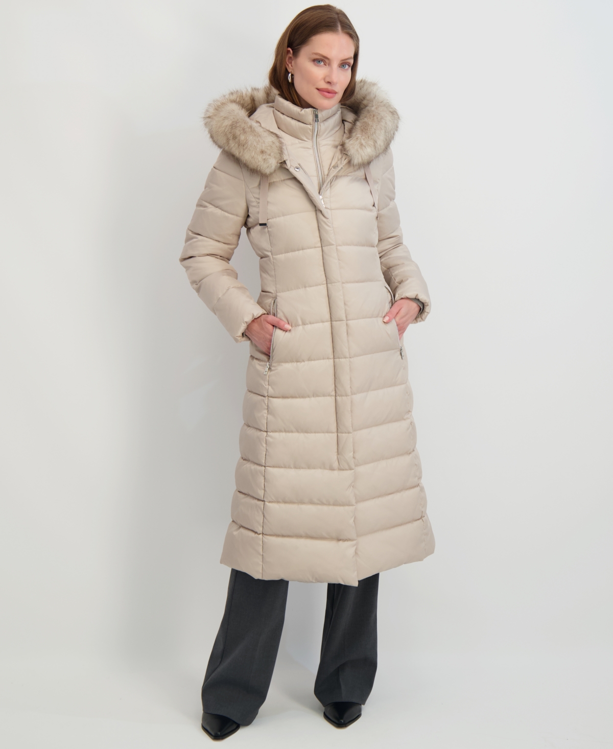 Click here for Tahari Womens Maxi Shine Bibbed Faux-Fur-Trimmed H... prices