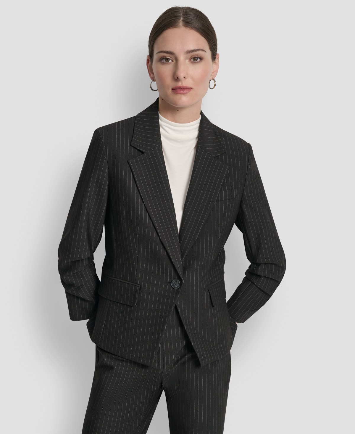 Click here for Dkny Womens Pinstripe Ruched-Sleeve One-Button Bla... prices