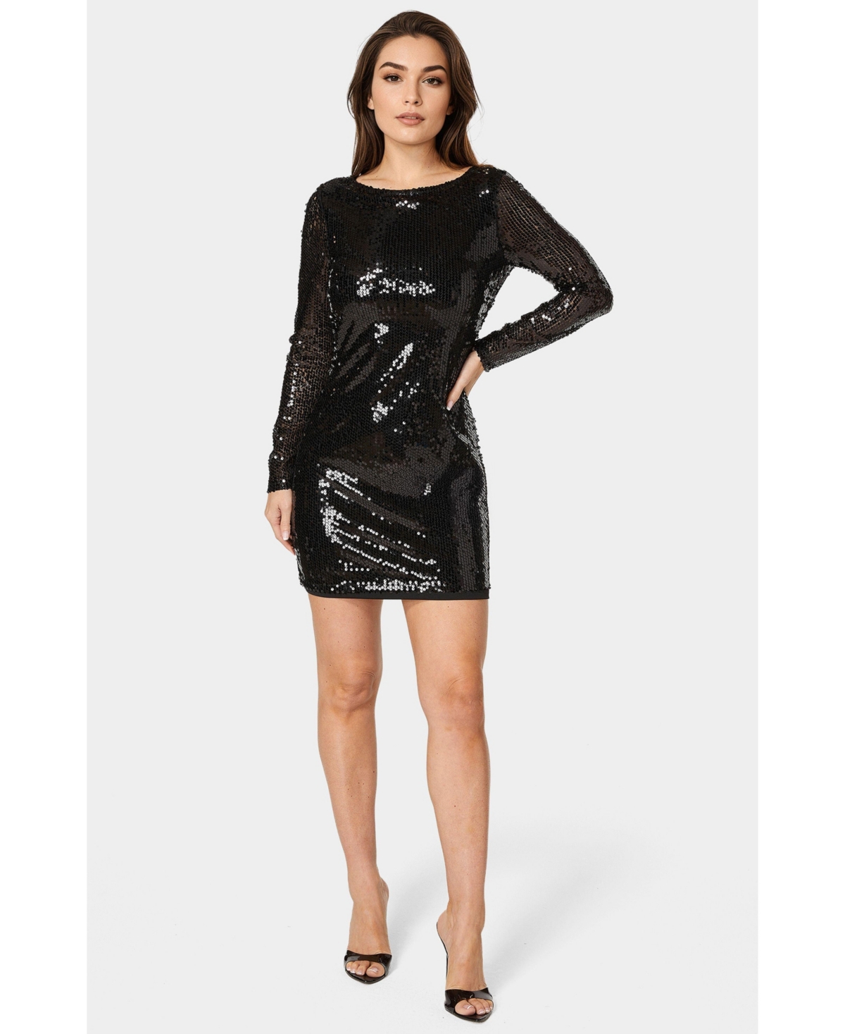 Click here for Bebe Womens Cowl Back Sequin Mini Dress - Black prices
