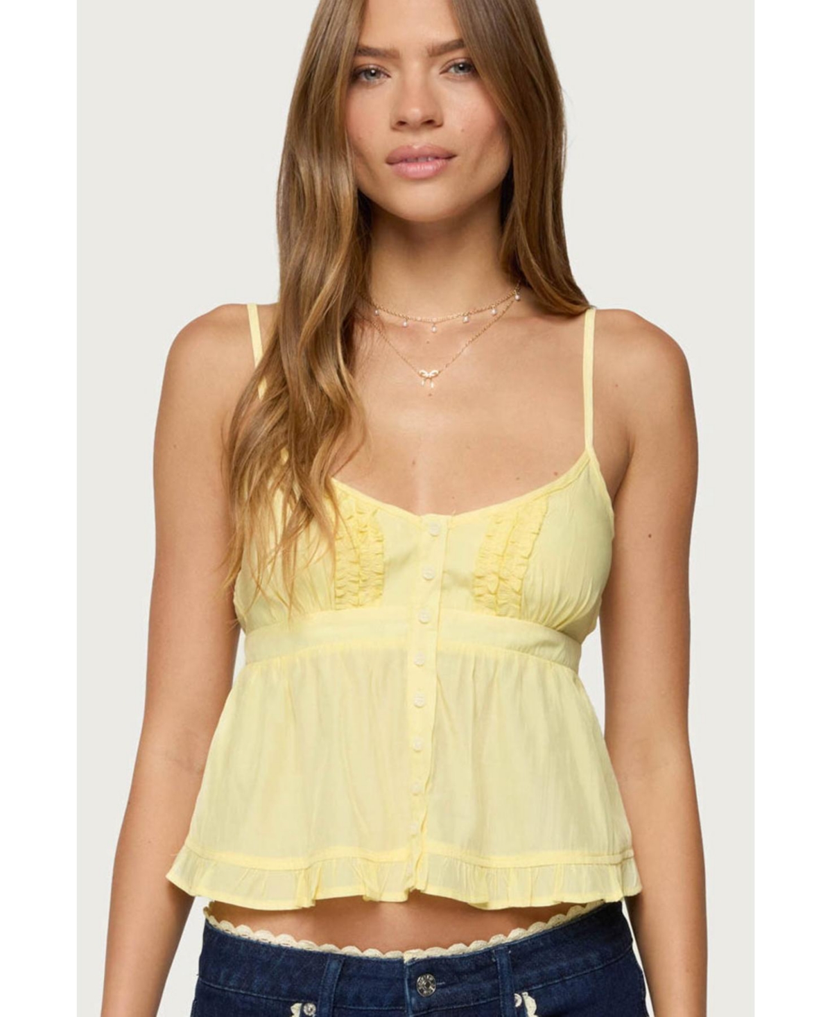Click here for Edikted Womens Halsey Ruffle Tank Top - Yellow prices