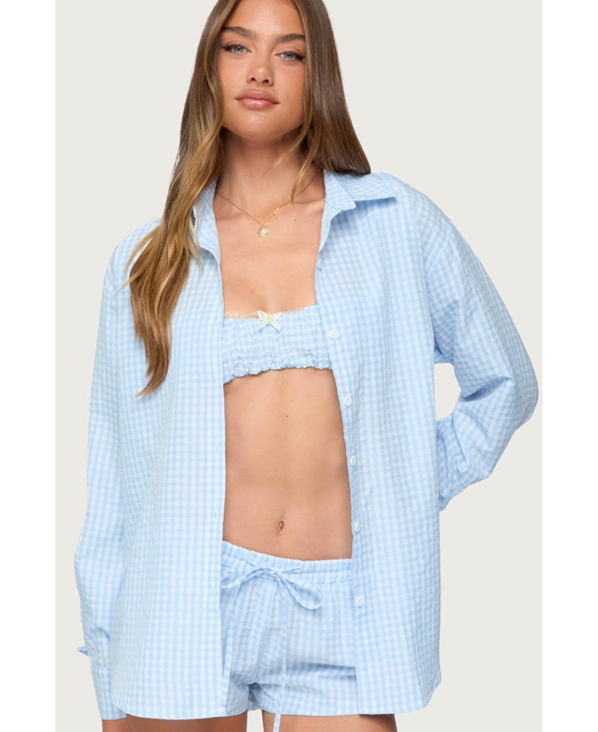 Edikted Womens Yaffa Oversized Gingham Button Up Shirt - Light-blue