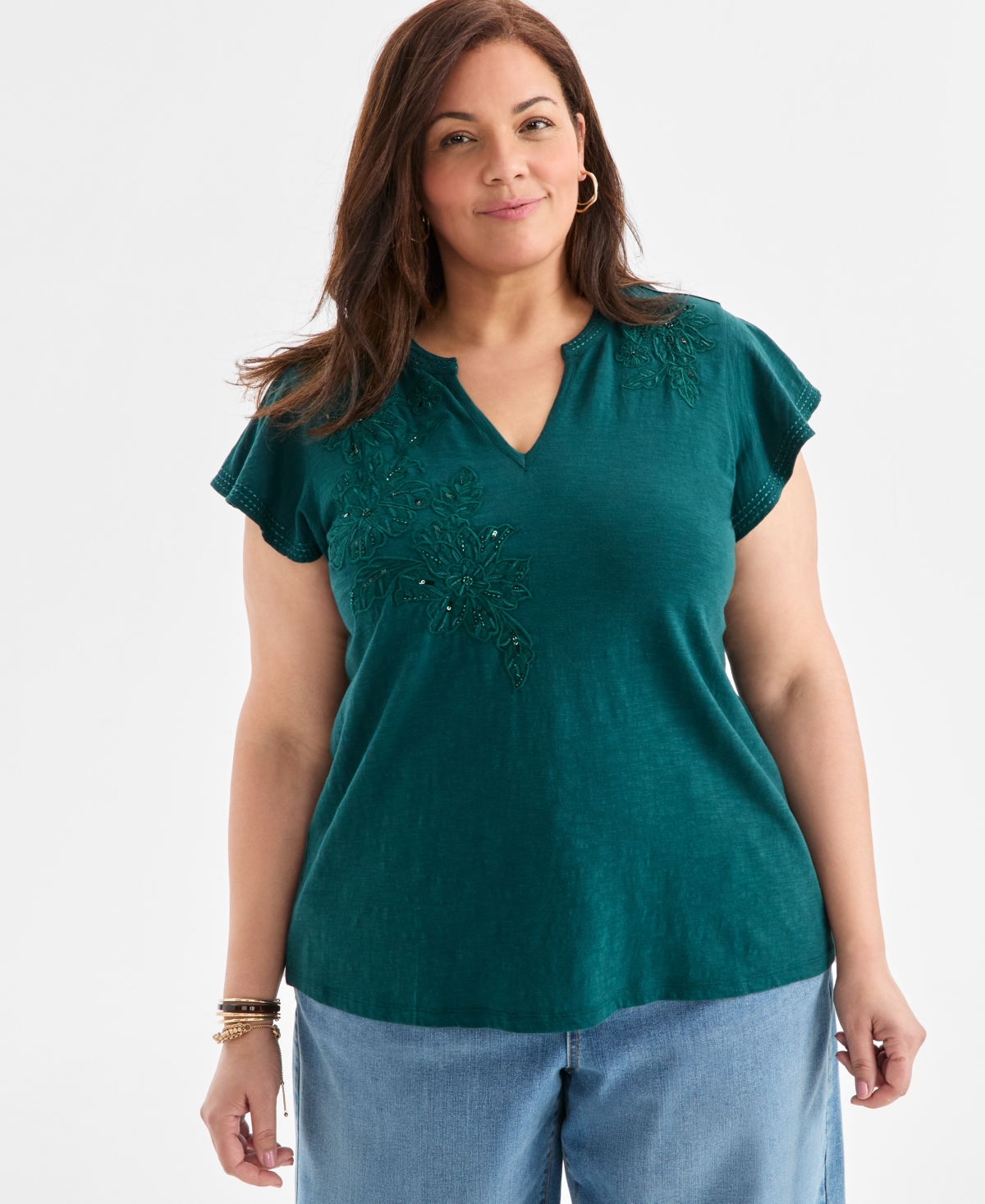 Style & Co Plus Size Embroidered Flutter-Sleeve Knit Top  Macys Exclusive - Ponderosa Pine