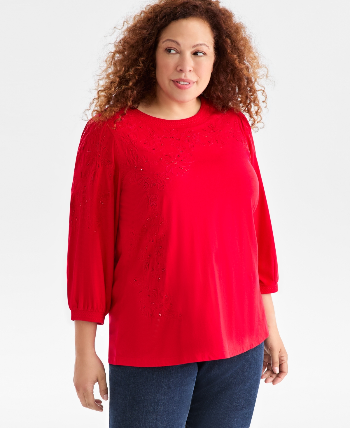 Click here for Style & Co Plus Size Embellished Floral Crewneck T... prices