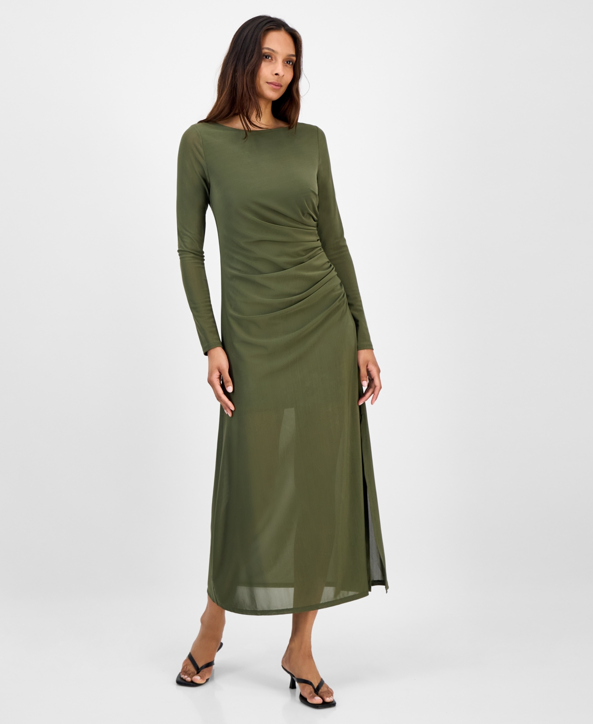 Click here for Bar Iii Womens Low-Back Ruched Mesh Midi Dress  Ma... prices
