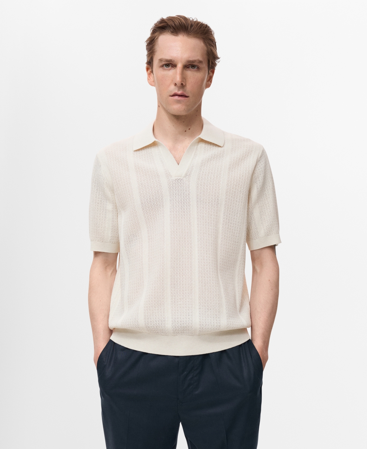 Click here for Mango Mens Openwork Knitted Cotton Polo Shirt - Iv... prices