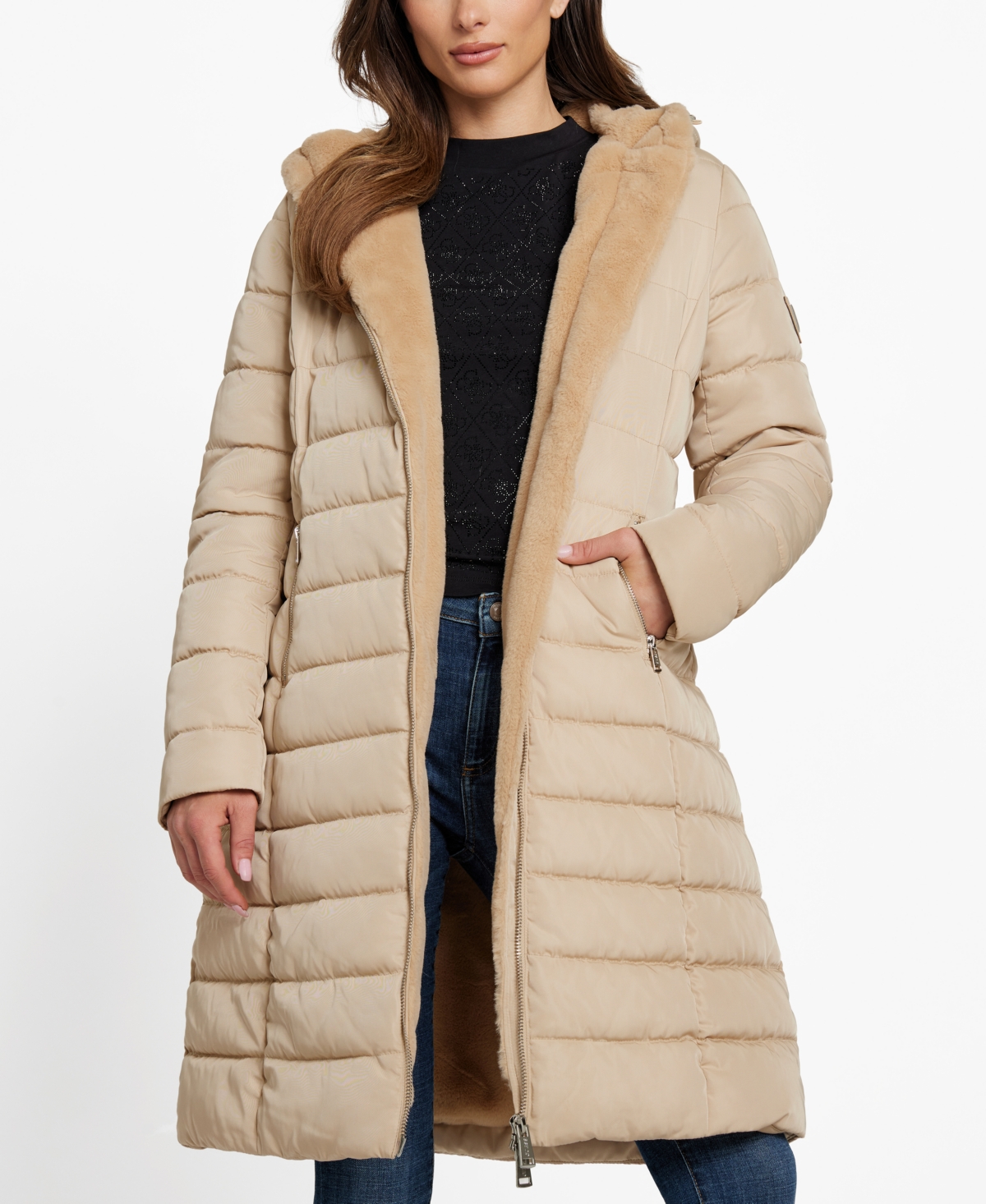 Click here for Guess Womens Faux-Fur-Lined Hooded Puffer Coat - T... prices