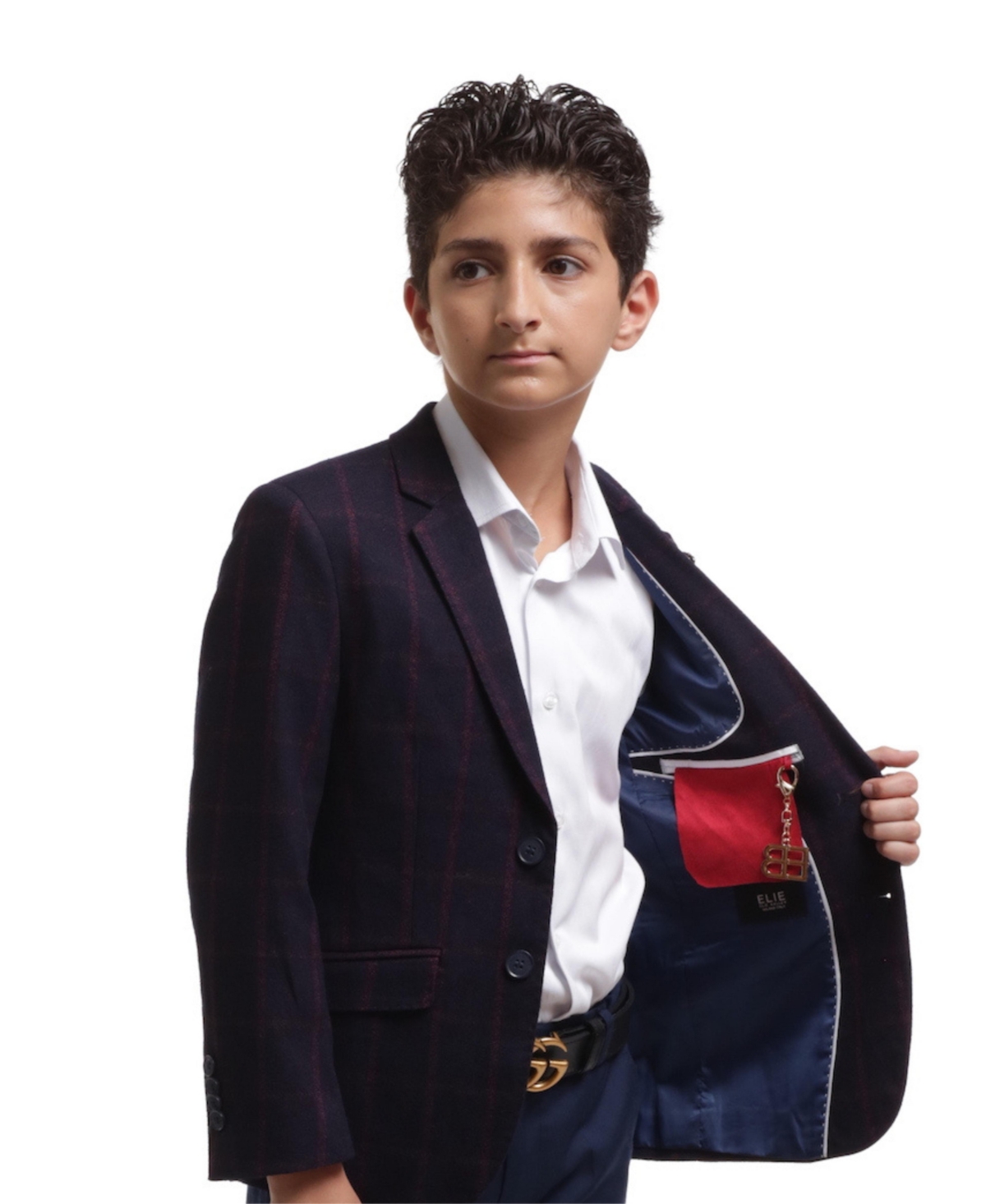 Click here for Elie Balleh Boys Wine Slim Fit Wool Checkered Blaz... prices
