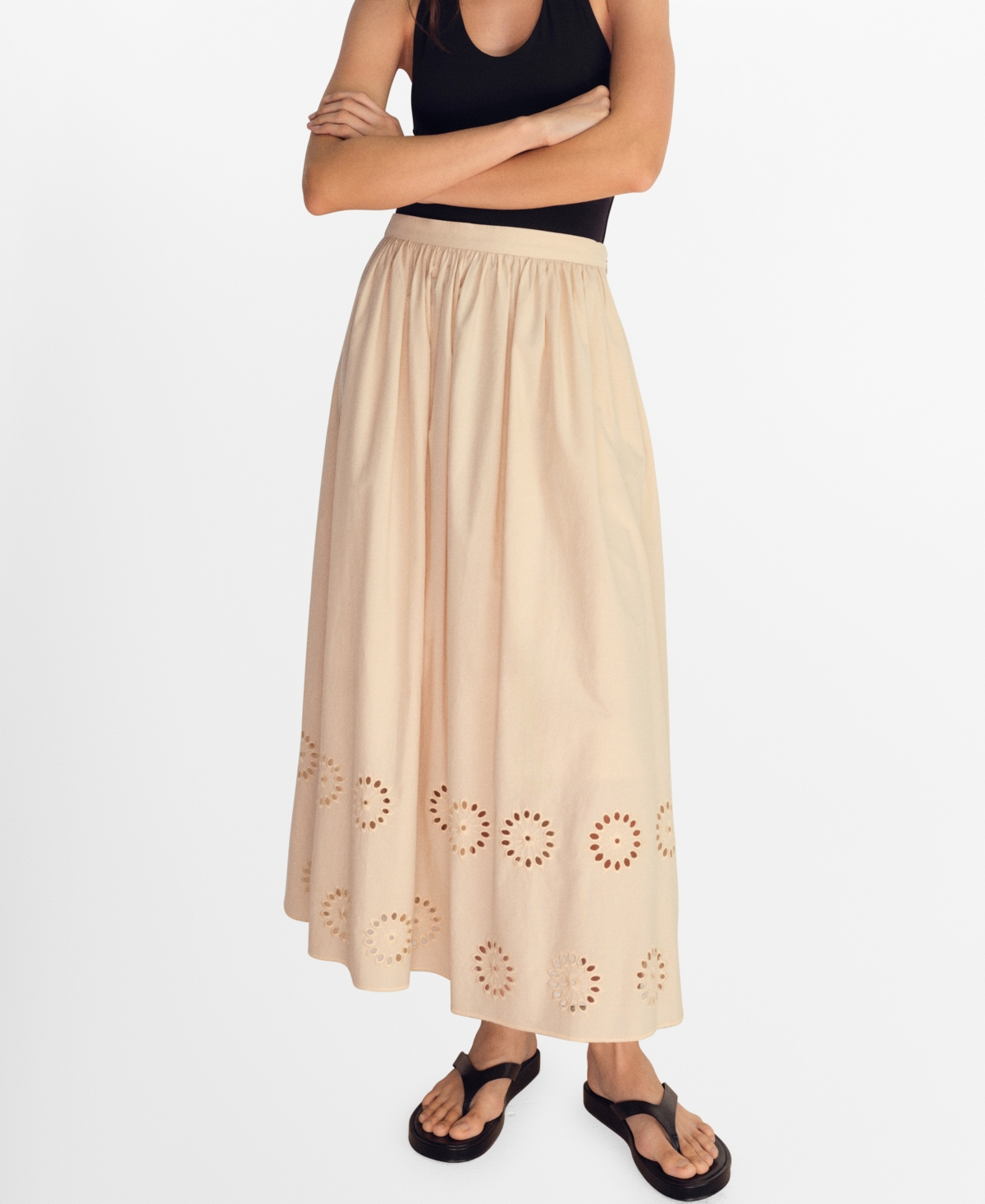 Click here for Mango Womens Embroidered Hem Cotton Skirt - Beige prices