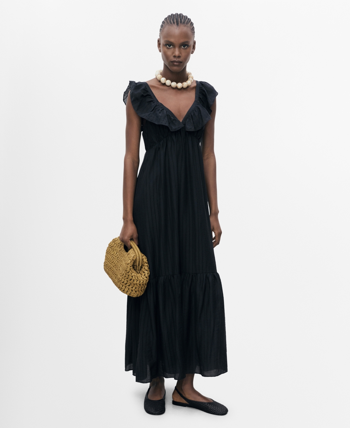 Click here for Mango Womens Ruffle Neckline Long Dress - Black prices