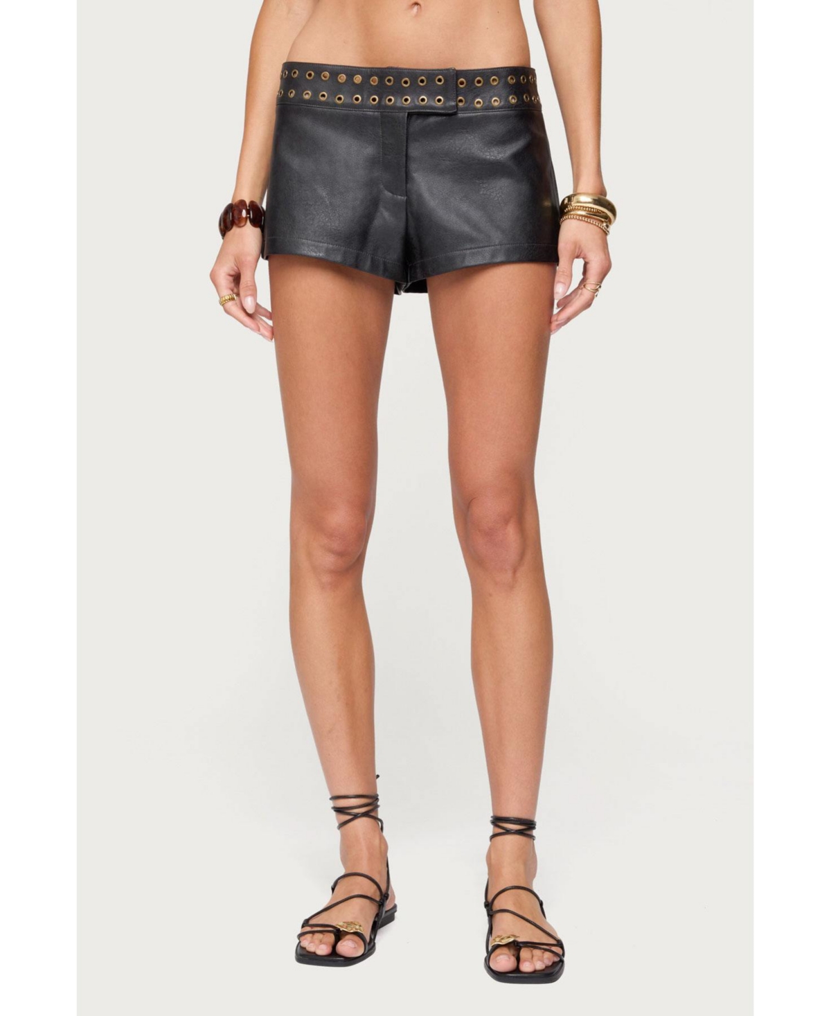 Click here for Edikted Womens Kaylan Grommet Faux Leather Shorts... prices