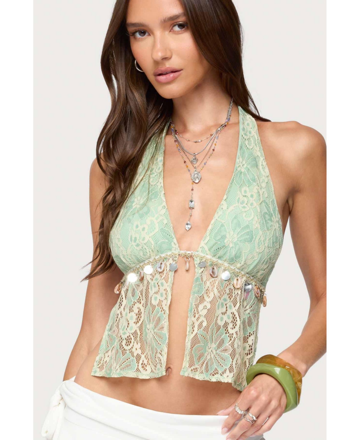 Click here for Edikted Womens Lace Split Front Backless Top - Gre... prices