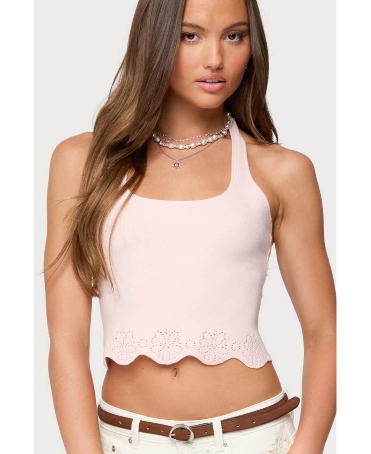 Click here for Edikted Womens Jazmyn Scalloped Halter Top - Light... prices