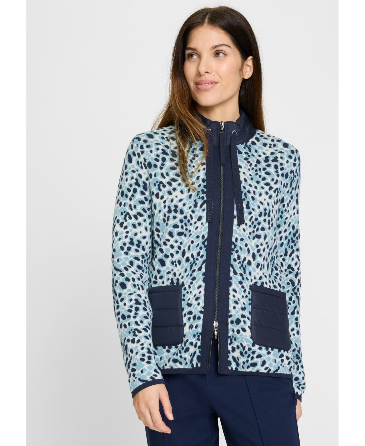 Click here for Olsen Animal Zip Mixed Media Cardigan - Light teal prices