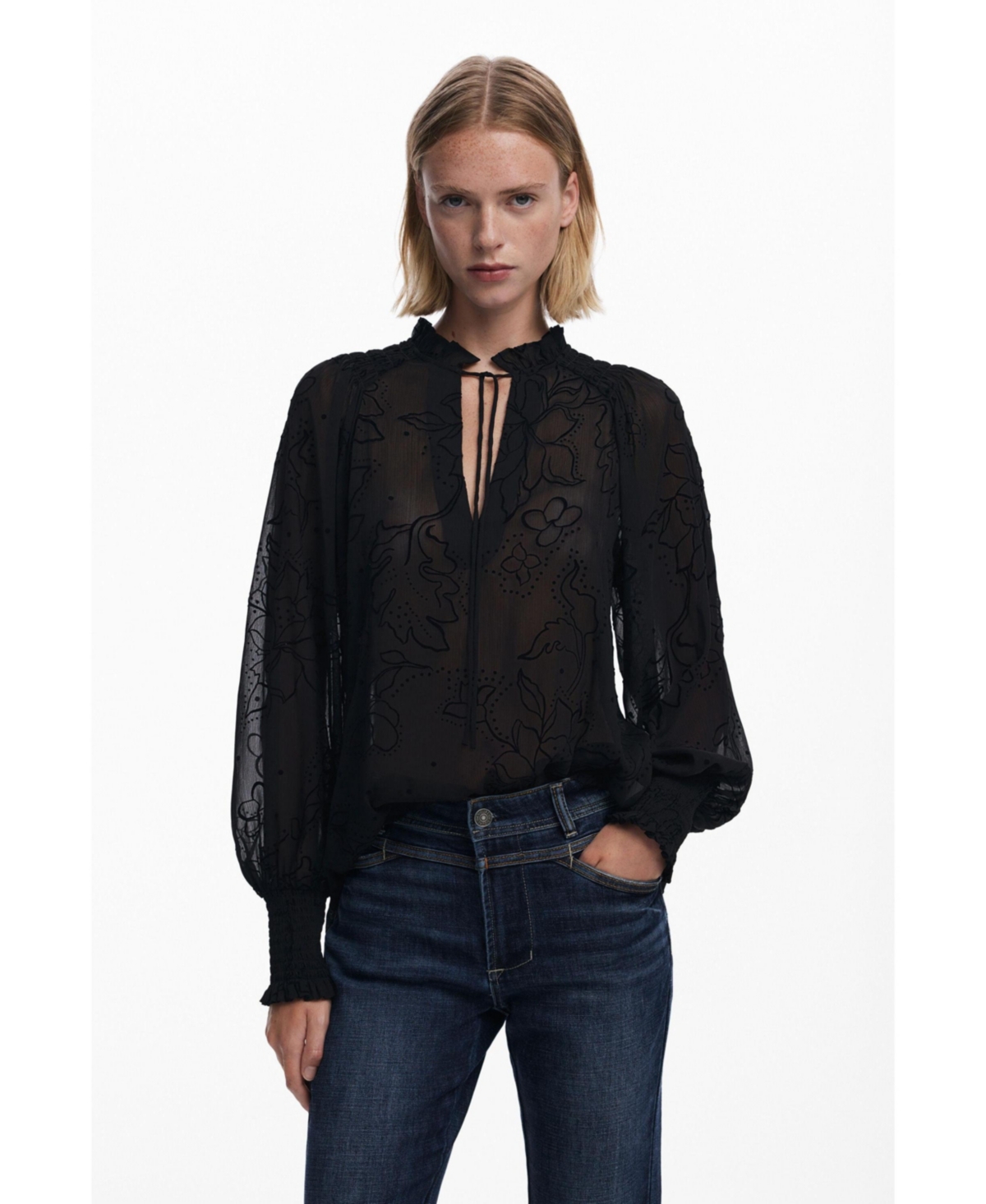 Click here for Desigual Womens Flocked sheer blouse - Black prices