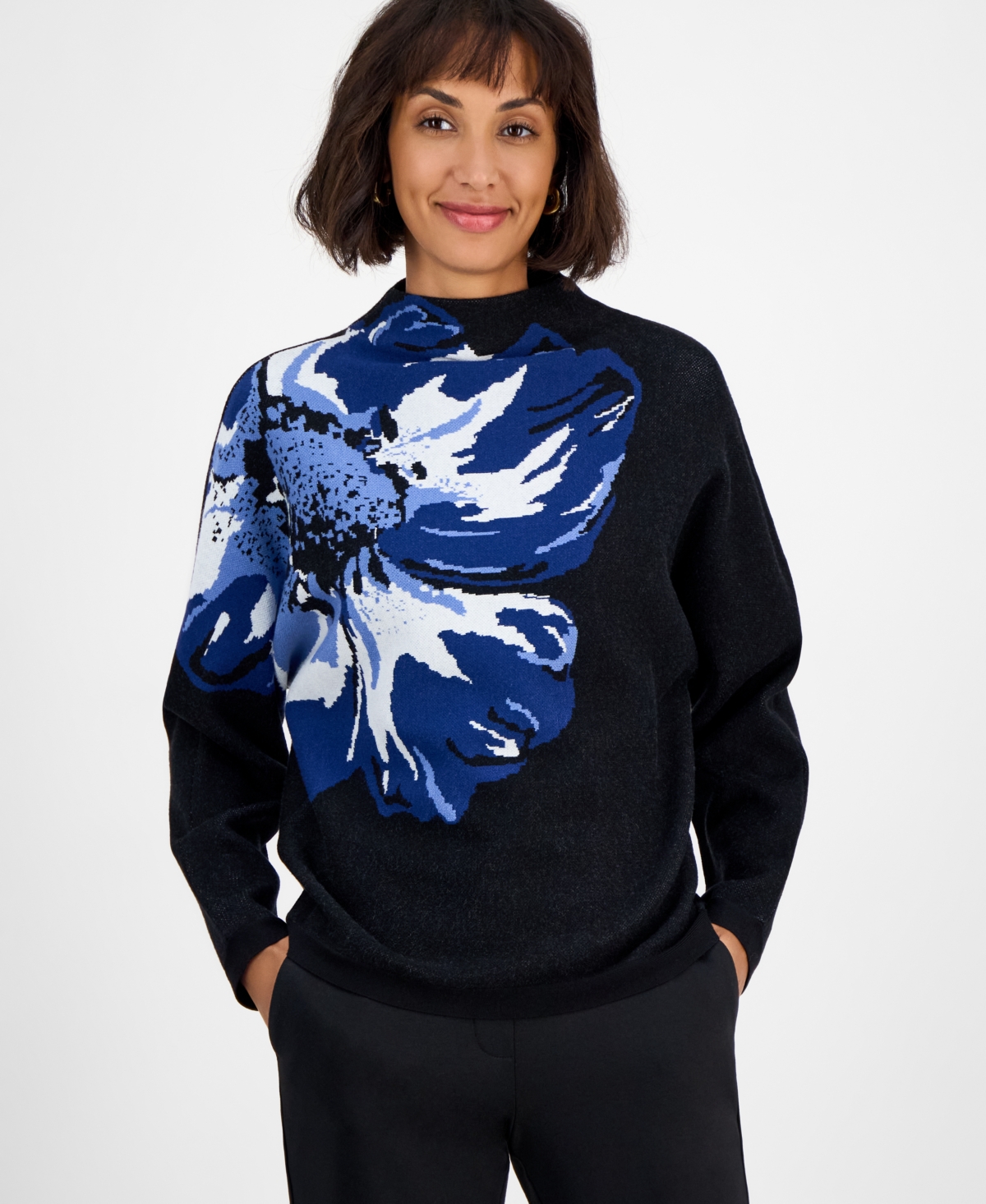 Click here for T Tahari Womens Floral Funnel-Neck Long-Sleeve Swe... prices