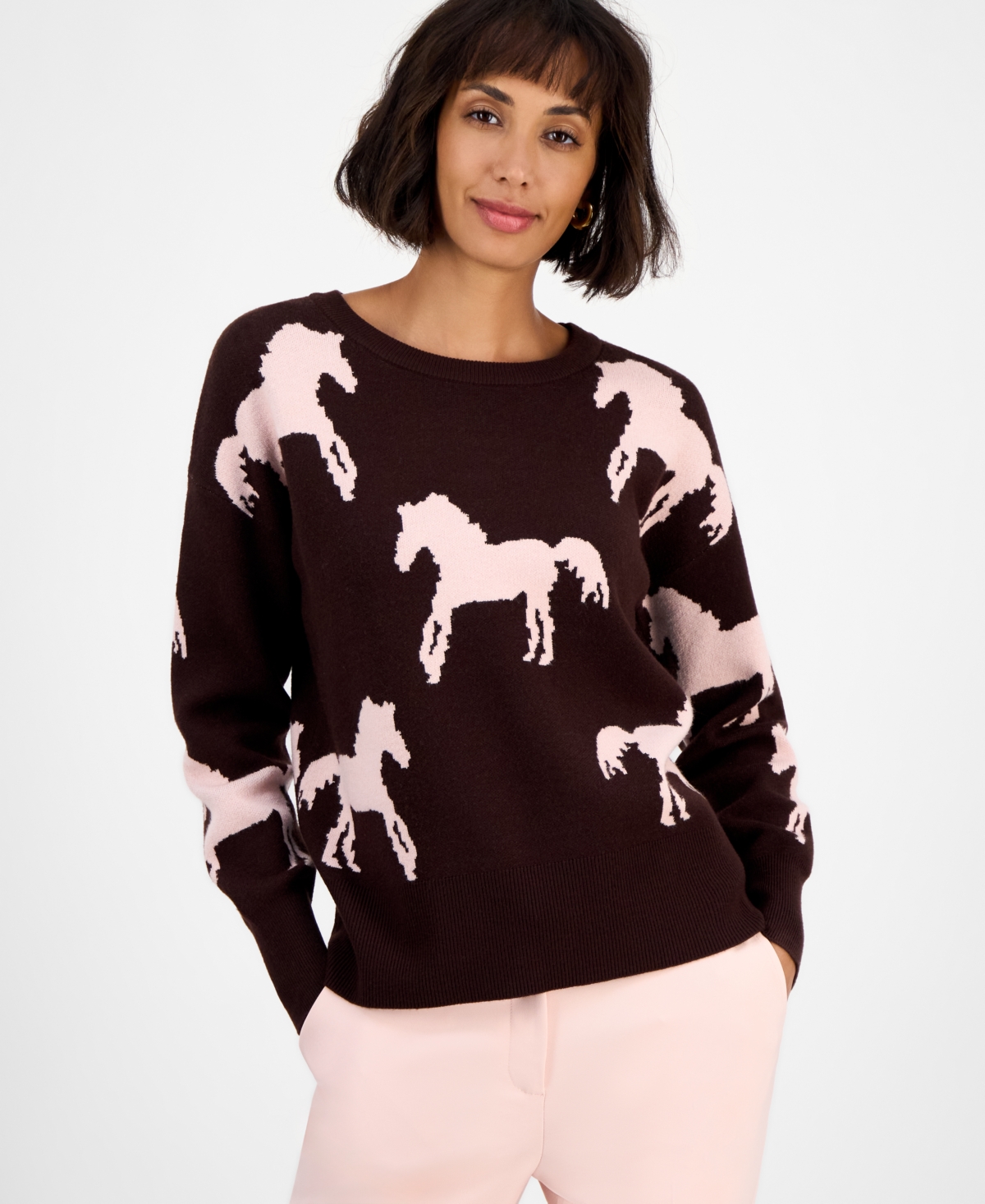 Click here for T Tahari Womens Horse-Print Crewneck Long-Sleeve S... prices