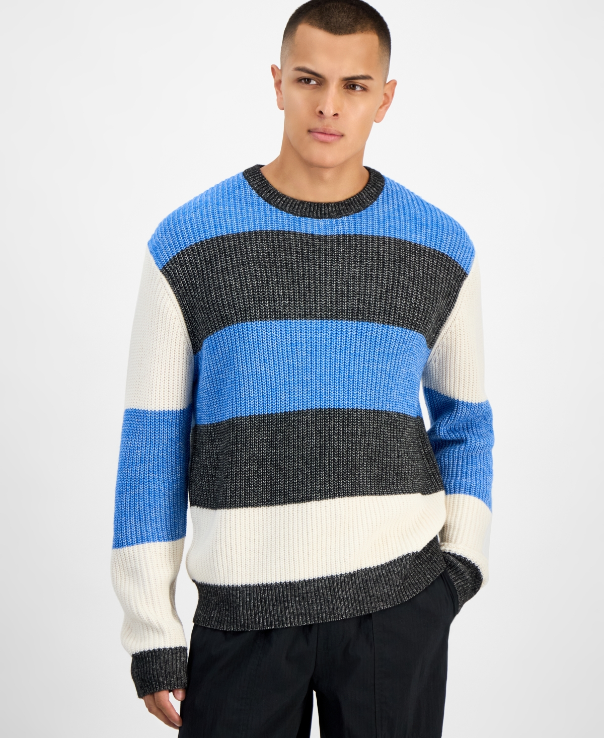 Click here for Mode of One Mens Relaxed-Fit Striped Crewneck Swea... prices