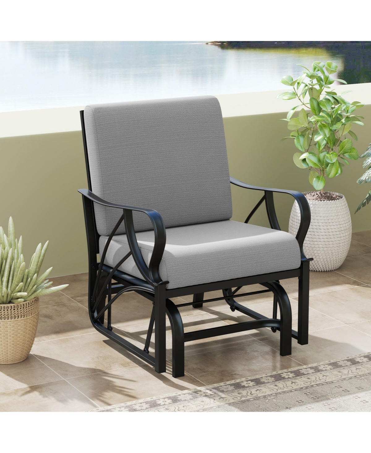 Gymax Patio Glider Chair Single Outdoor Rocking Chair with Seat and Back Cushions - Grey