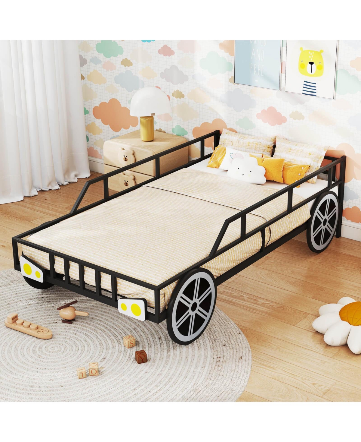Click here for Costway Twin Car-Shaped Metal Bed Frame with Wheel... prices